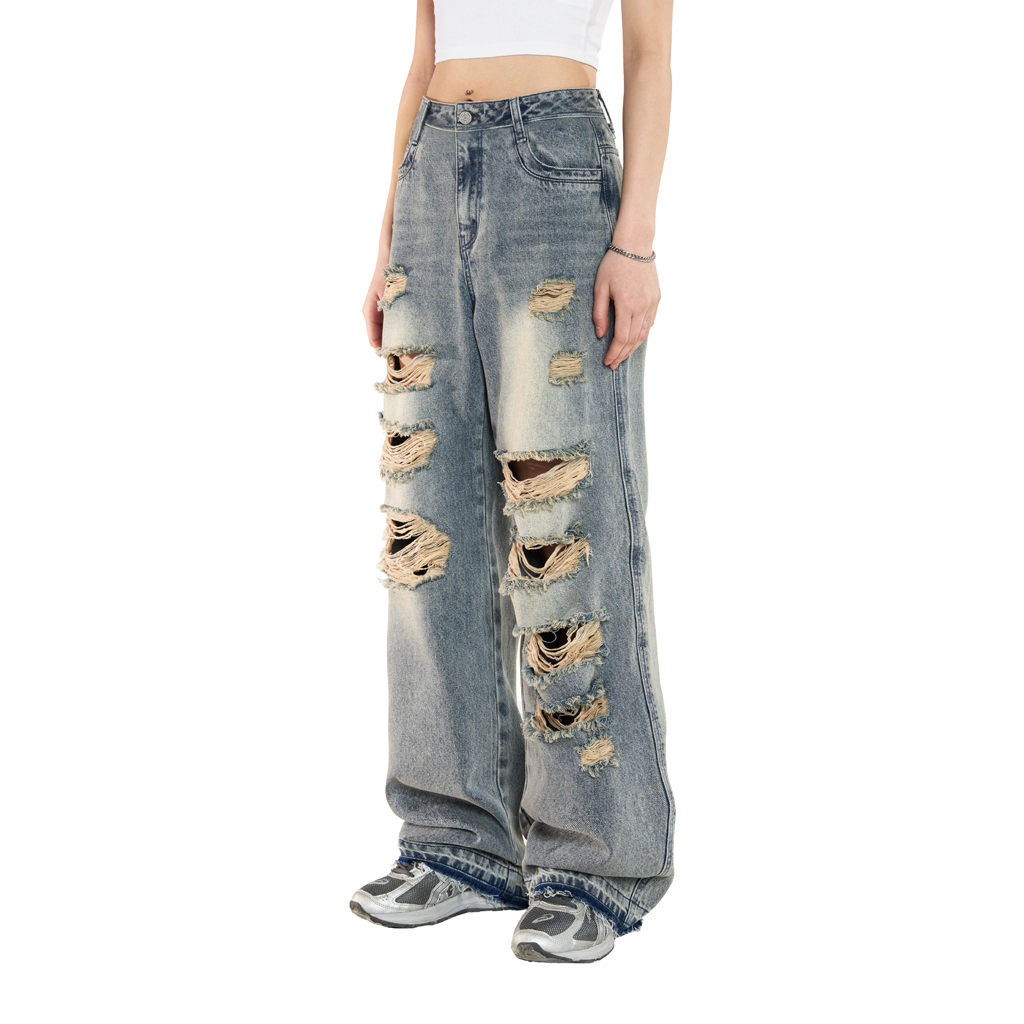 Salt Washing Destroyed Denim Pants - light blue | ファッション通販サイト NUGU