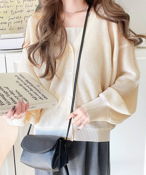 ワッフル ニット カーディガン トップス アウター ショート ショート丈
