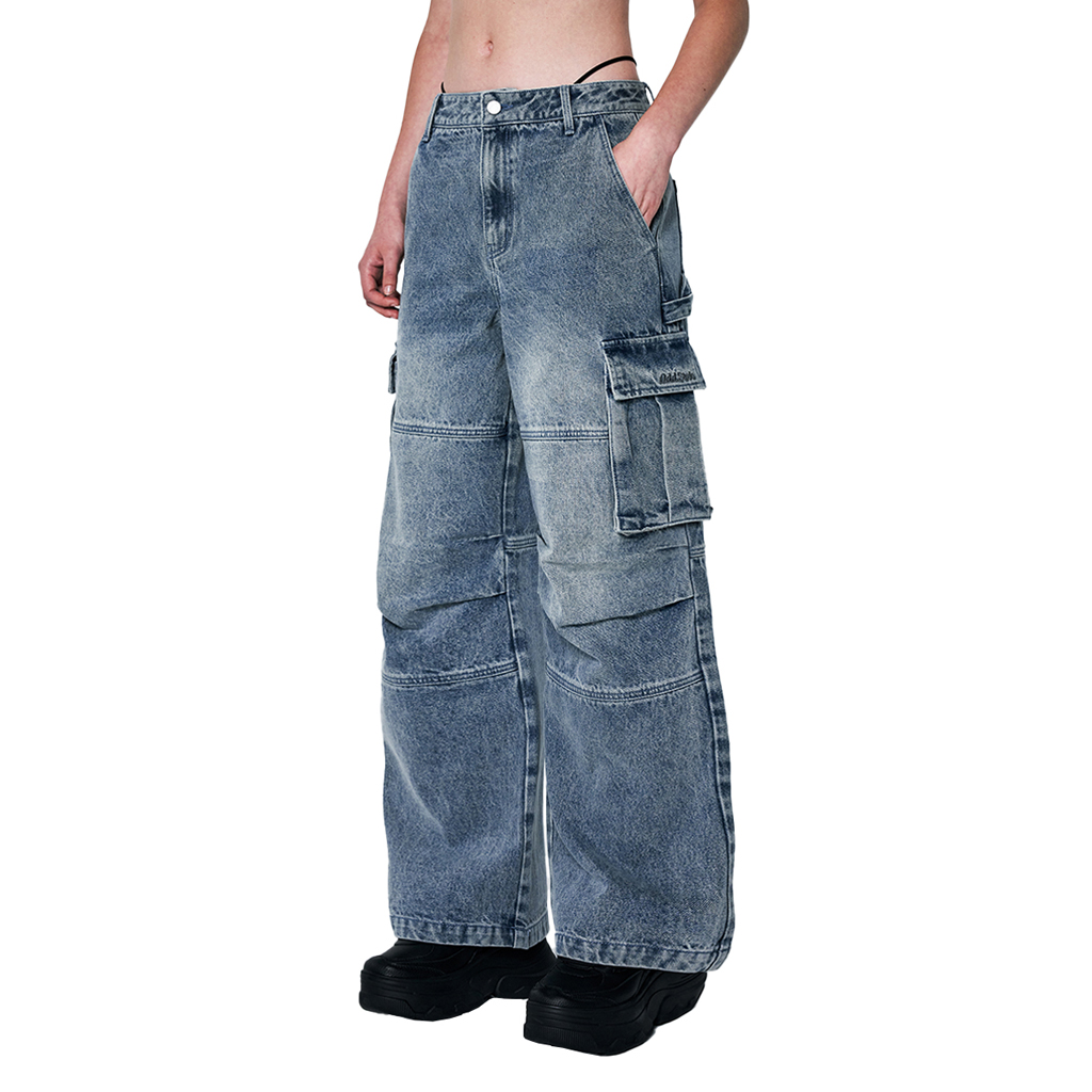 Salt Washing Cargo Wide Denim Parachute Pants - light blue | ファッション通販 ...