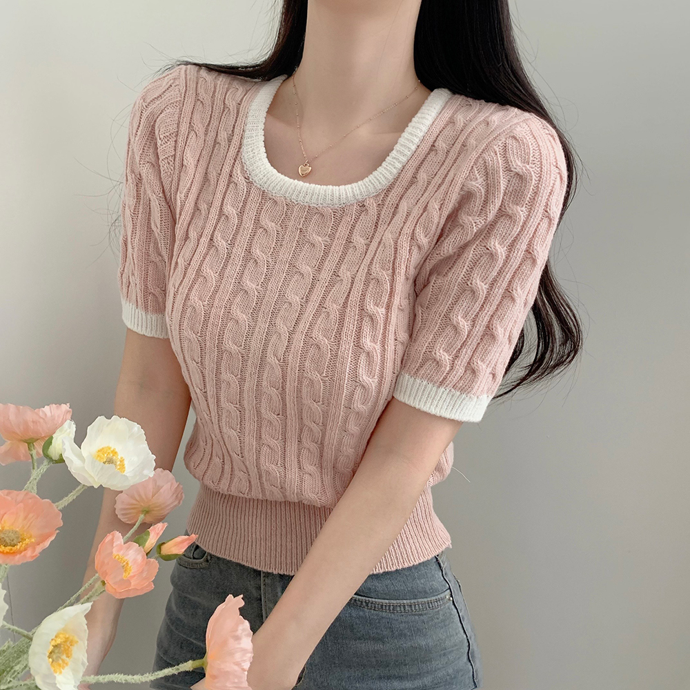 Uネックバイカラー半袖ニット(4color) | ファッション通販サイト NUGU