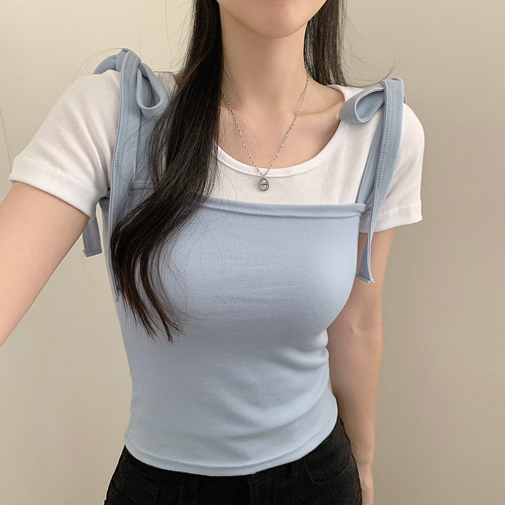 リボン肩キャミソールTシャツ(4color) | ファッション通販サイト NUGU