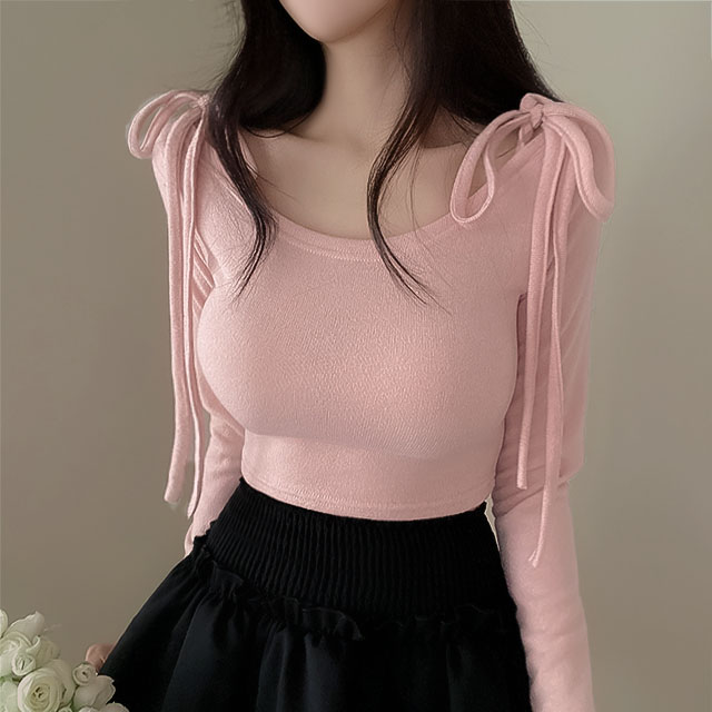 (4col)バレエコアショルダーリボンクロップドスリム長袖Tシャツ|ファッション通販サイトNUGU