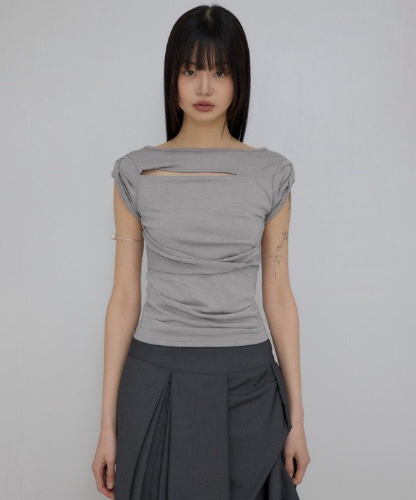 Asymmetrical Draped Roll-Up T-Shirt (FL-165_Gray) | ファッション通販サイト NUGU