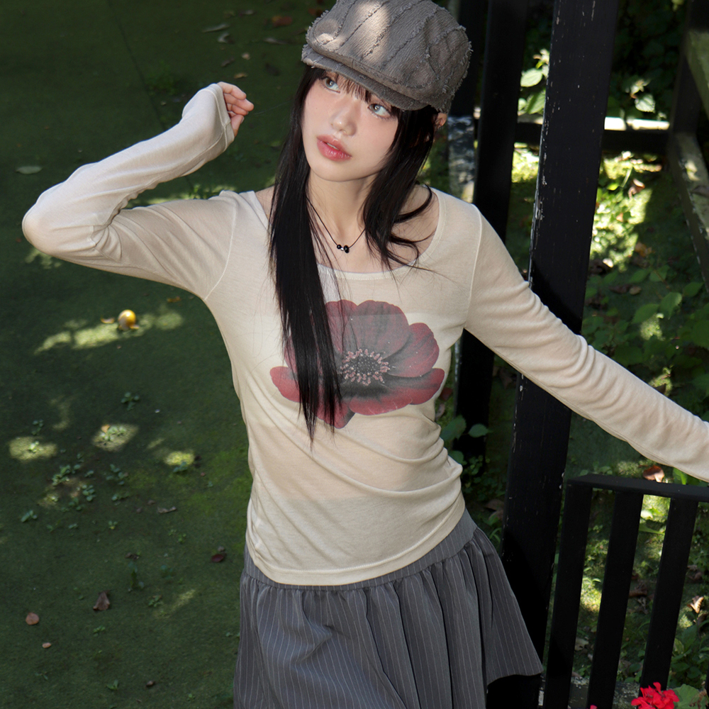 シースルーUネックフラワー長袖Tシャツ | ファッション通販サイト NUGU