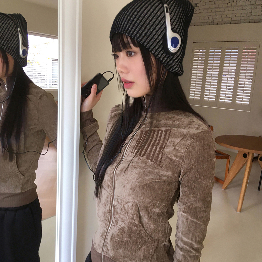 Y2Kリブ配色ベロアクロップドパーカー | ファッション通販サイト NUGU