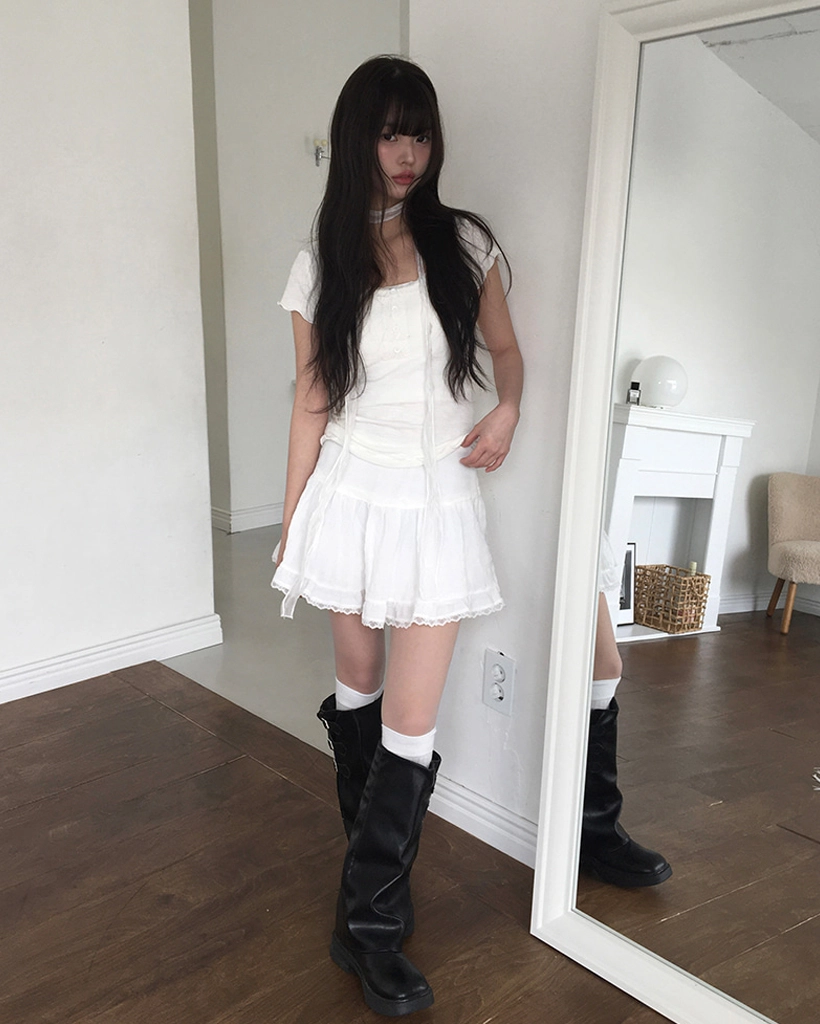 [スカーフset] ロングタイスカーフ付きレースボタン半袖Tシャツセット (4color) | ファッション通販サイト NUGU