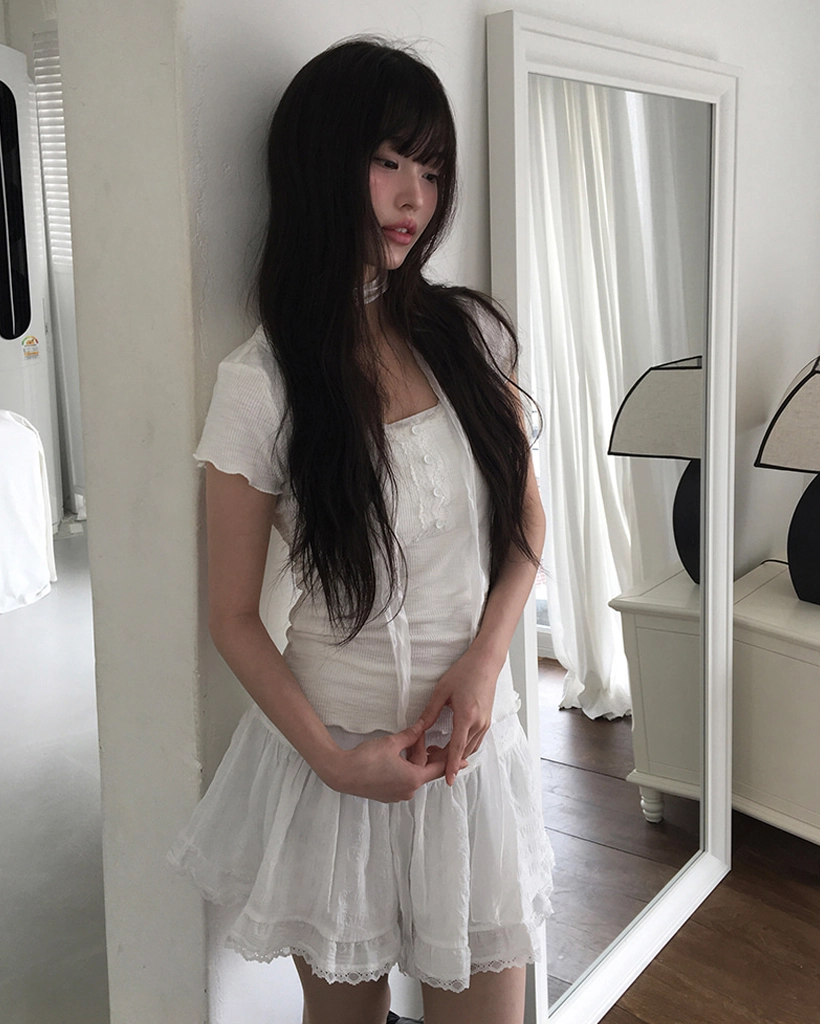 [スカーフset] ロングタイスカーフ付きレースボタン半袖Tシャツセット (4color) | ファッション通販サイト NUGU