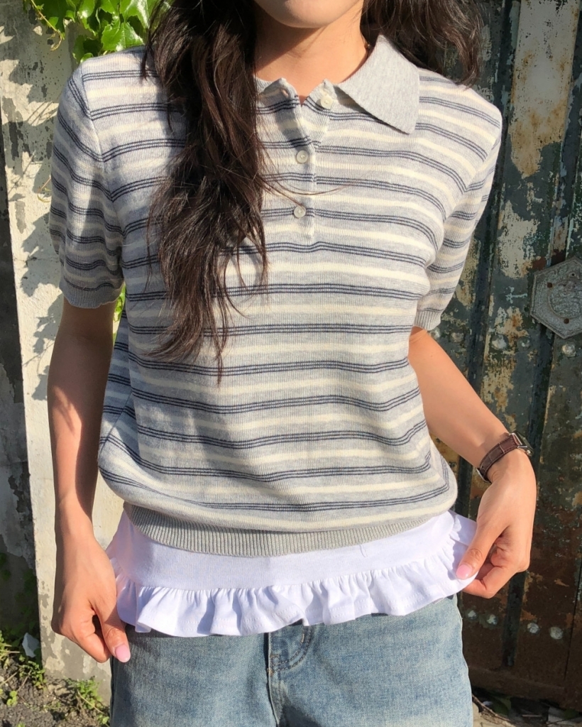 [4color]ボーダーサマーニットポロシャツ | ファッション通販サイト NUGU