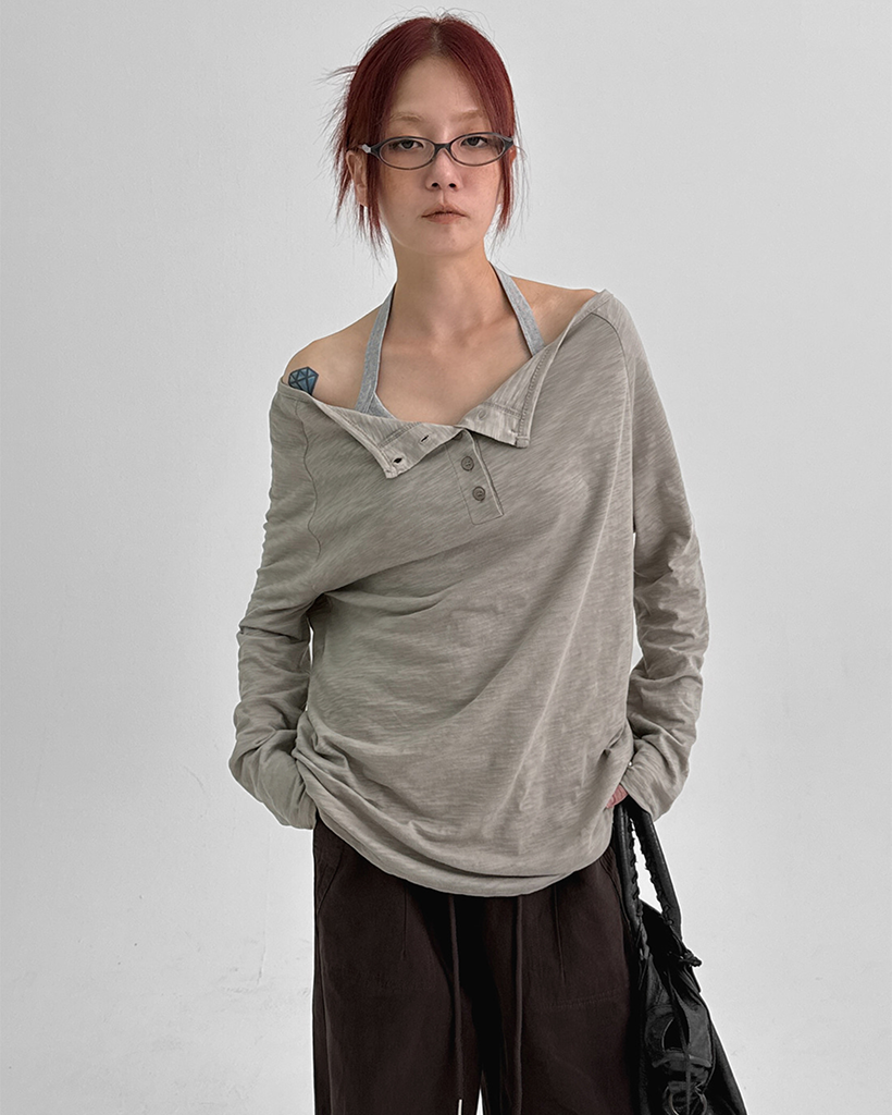 ヘンリーネックアシンメトリーオフショル長袖Tシャツ | ファッション通販サイト NUGU