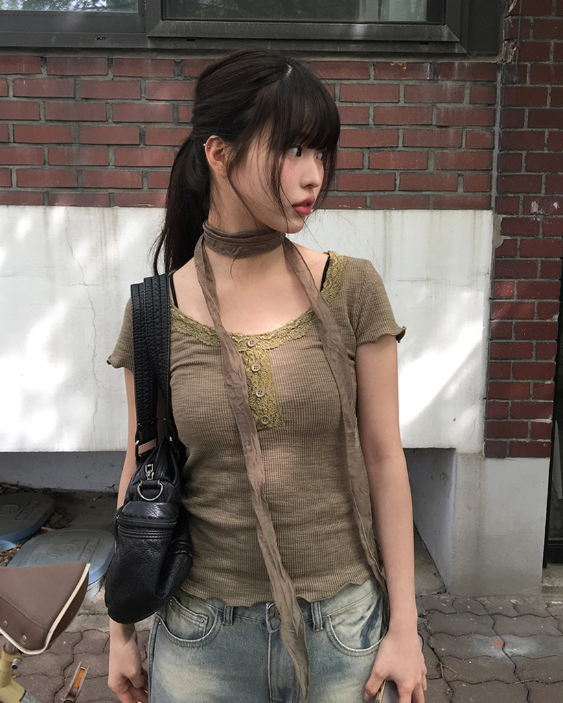 [スカーフset] ロングタイスカーフ付きレースボタン半袖Tシャツセット (4color) | ファッション通販サイト NUGU