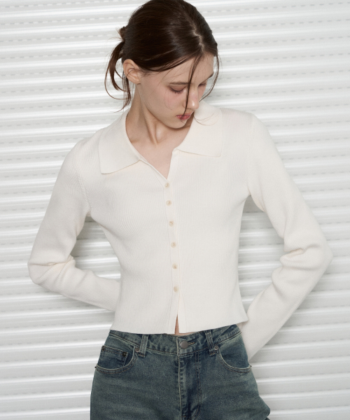 Slim Fit V Neck Collar Knit Cardigan [IVORY] | ファッション通販サイト NUGU