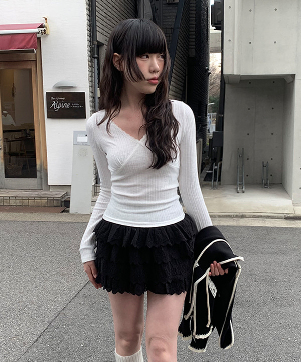 レーススリムVネックリブTシャツ (2color) | ファッション通販サイト NUGU