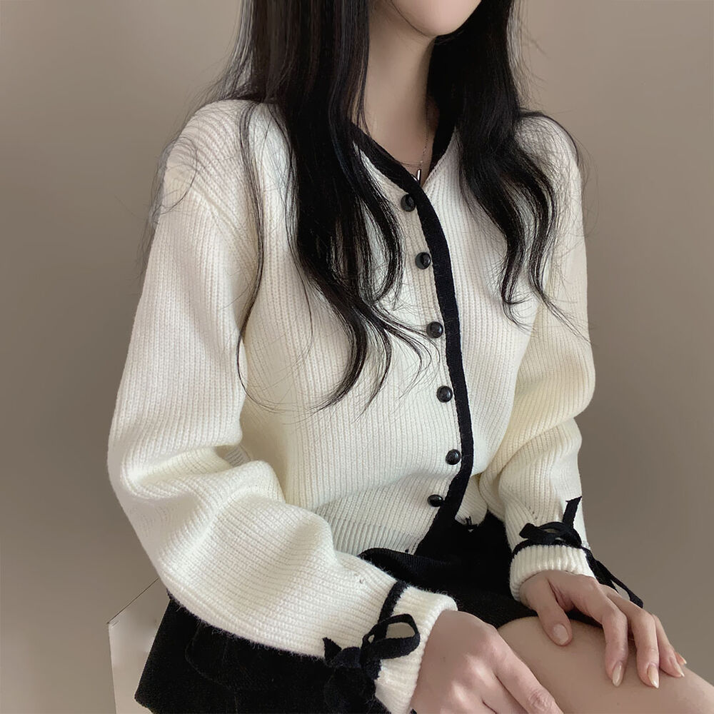 [3color] リボン配色Vネック長袖ニットカーディガン | ファッション通販サイト NUGU