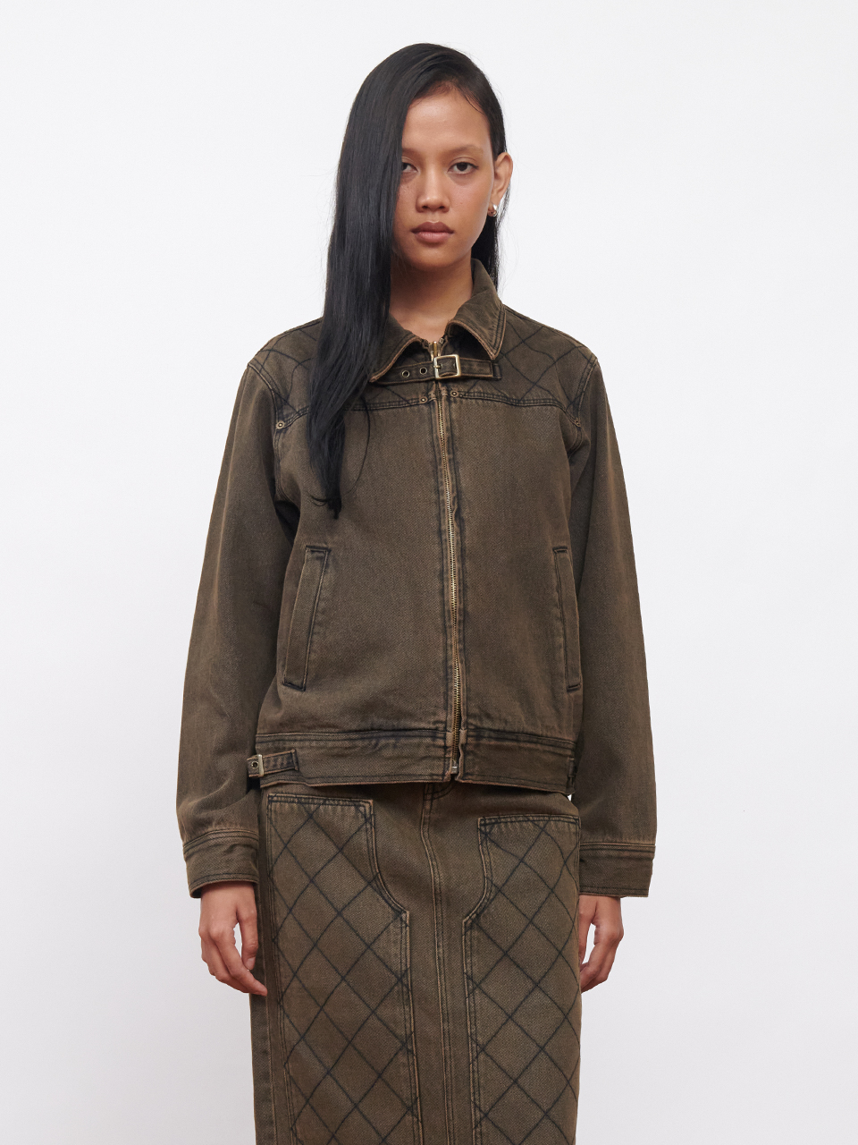 Stitched Denim Jacket Charcoal Brown | ファッション通販サイト NUGU