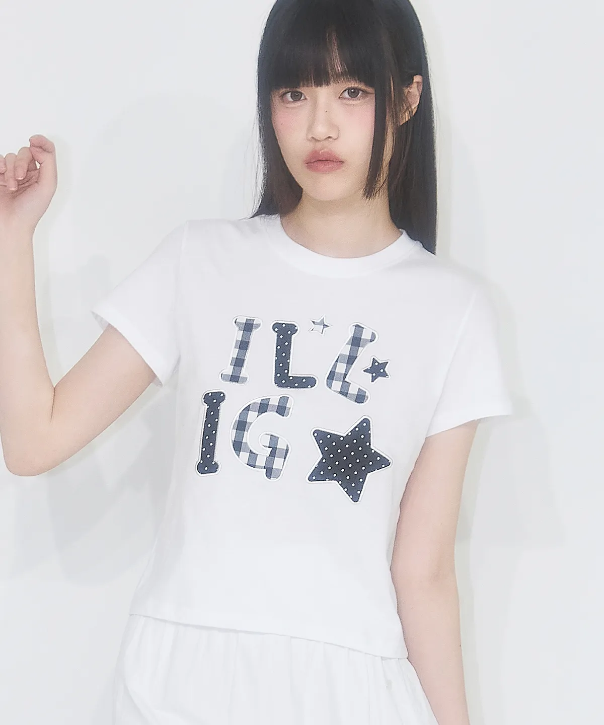 Check Applique Loose Crop T-shirt White | ファッション通販サイト NUGU