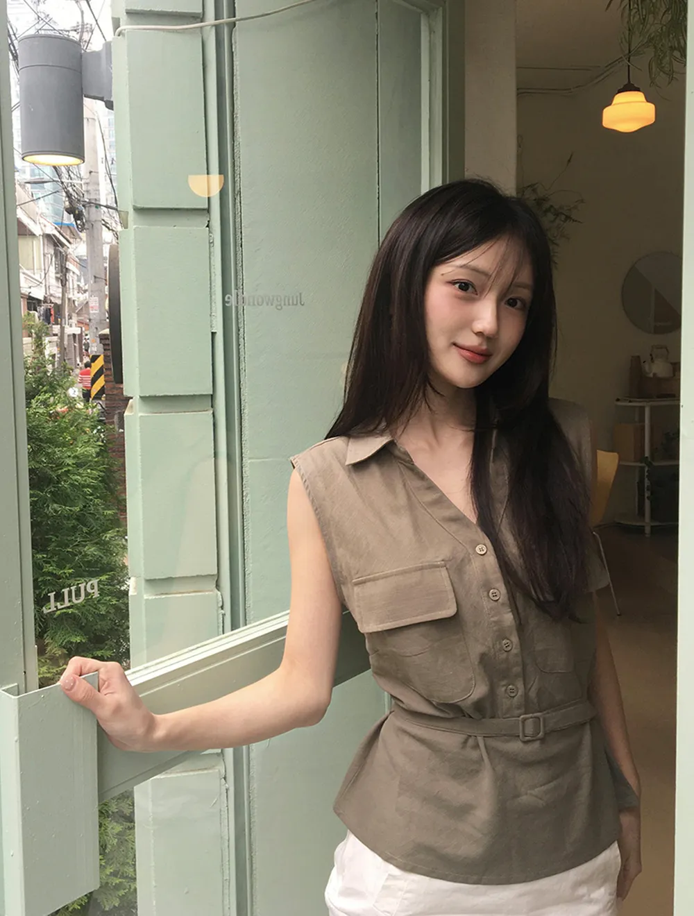 Hashed Collared Pocket Blouse (with Belt) | ファッション通販サイト NUGU