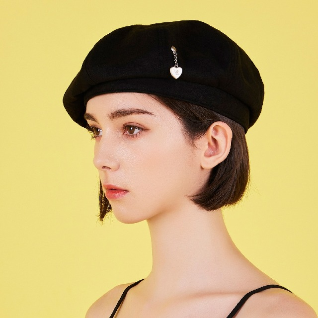 Heart Chain Stud Linen Beret Black | ファッション通販サイト NUGU