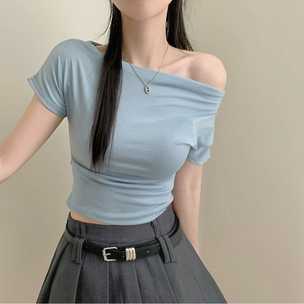 オフショル半袖シャーリングクロップドTシャツ(4color) | ファッション通販サイト NUGU