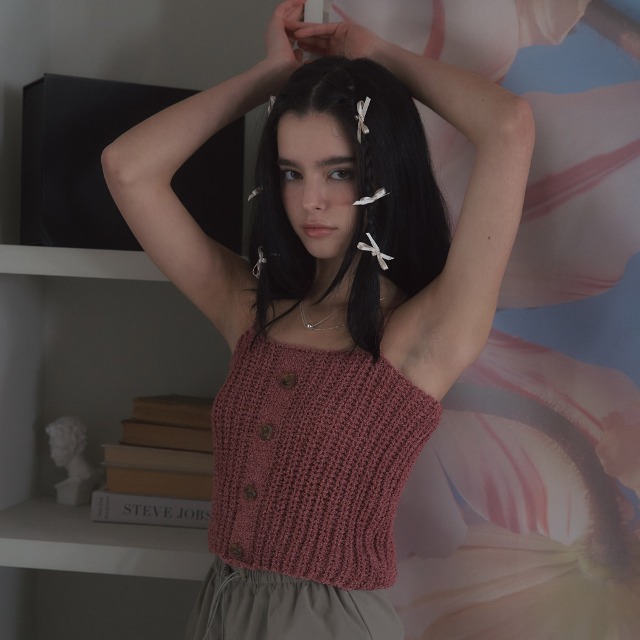 Emily Button Knit Bustier (Pink) | ファッション通販サイト NUGU