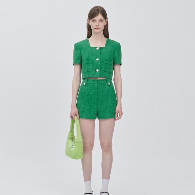 Tweed cropped tailored square neck jacket - Green | ファッション通販サイト NUGU
