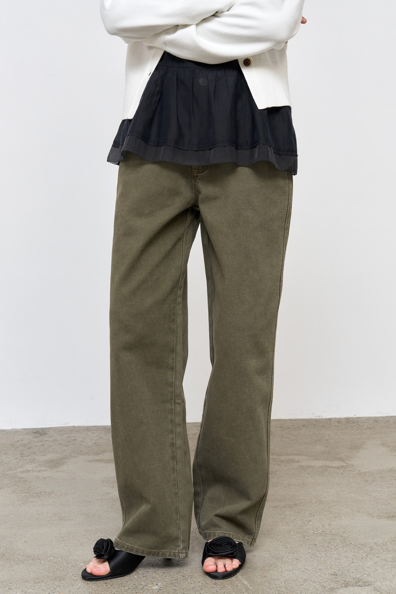 pigment washing cotton denim pants-Khaki | ファッション通販サイト NUGU