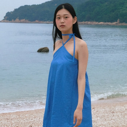 Cooling Halter Neck Ribbon Dress ( Blue ) | ファッション通販サイト NUGU