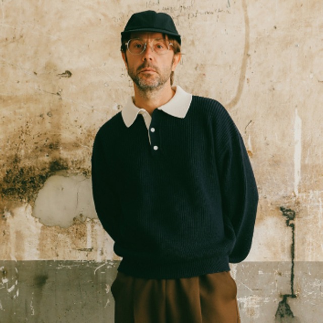 Hachi Cotton Match Colors Collar Knit Navy | NUGU