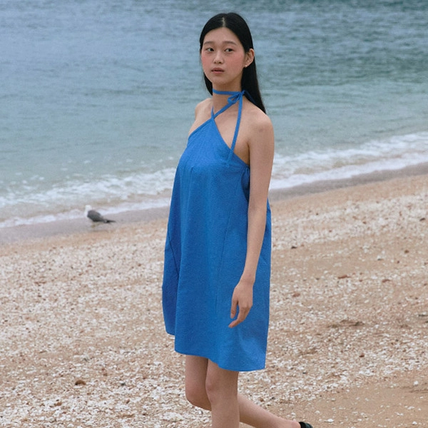 Cooling Halter Neck Ribbon Dress ( Blue ) | ファッション通販サイト NUGU