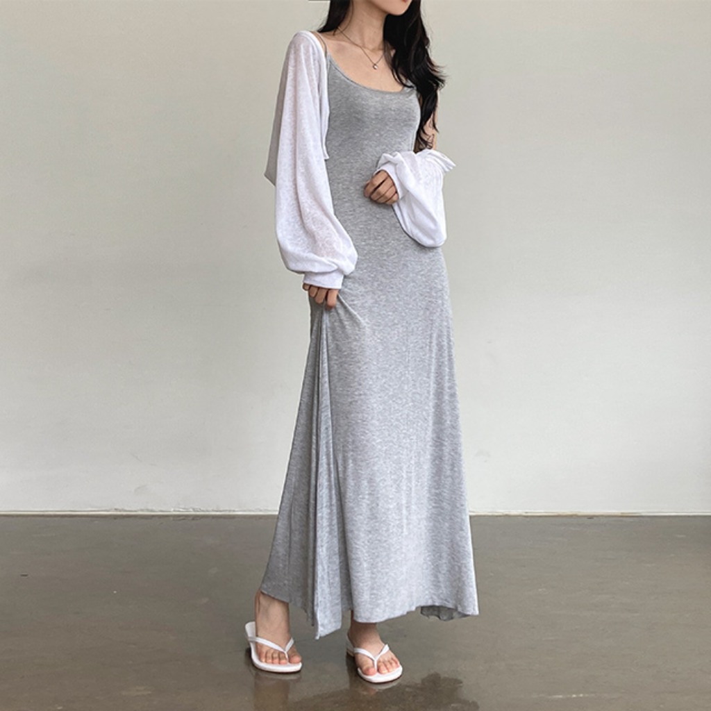 big span sleeveless dress ops + bolero cardigan set (2color)|ファッション通販サイトNUGU