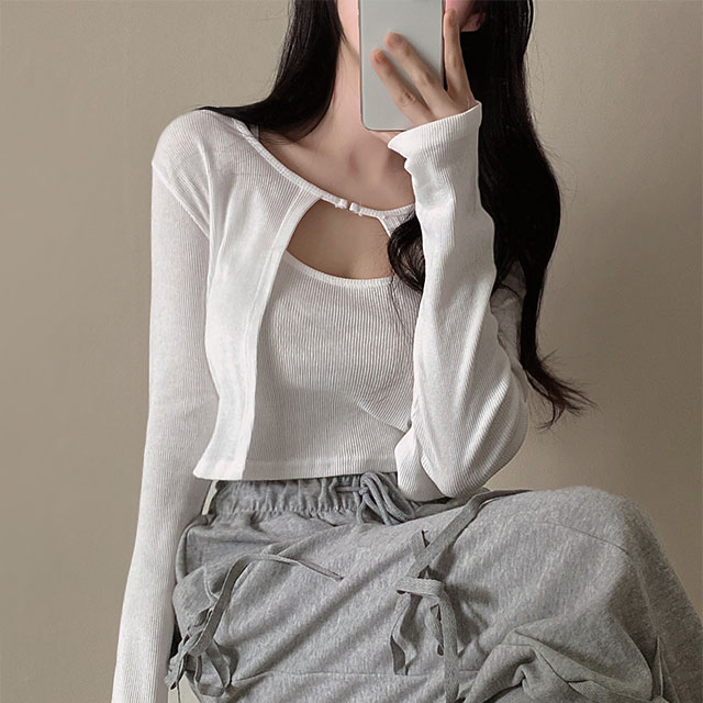 (4col)リブクロップドノースリーブ＋ボレロカーディガンセット | ファッション通販サイト NUGU