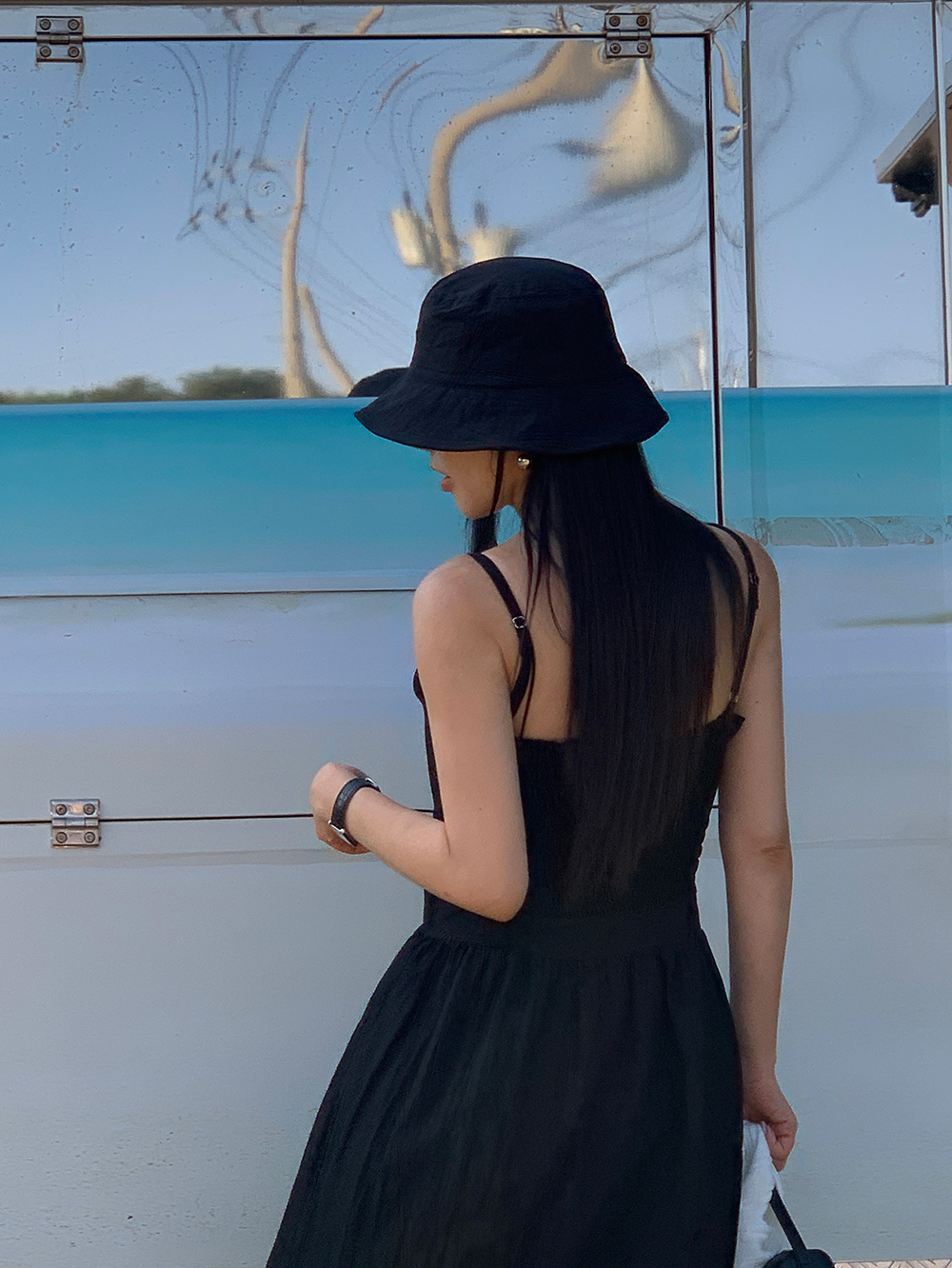 Nylon Smocked Strap Dress (Black) | ファッション通販サイト NUGU