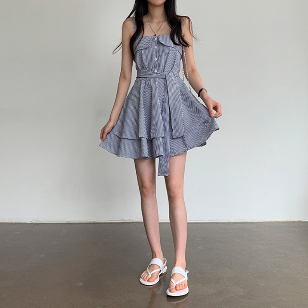 erin stripe strap ribbon fril mini dress ops (2color) | ファッション通販サイト NUGU