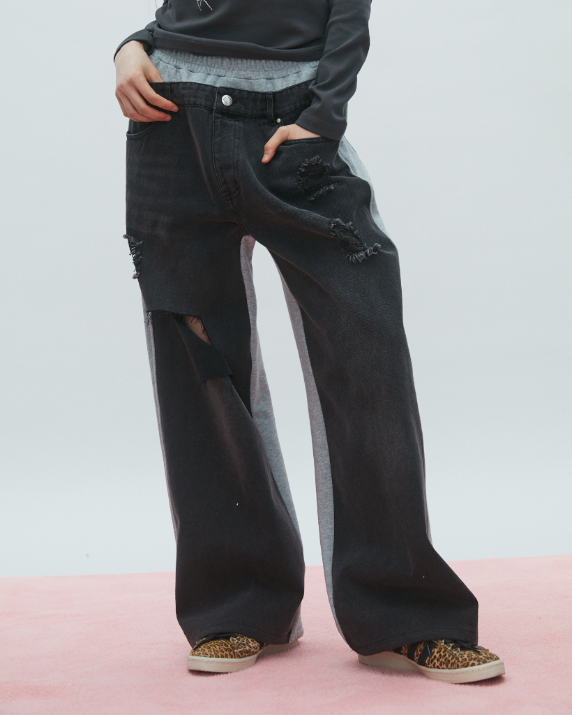 HALF DENIM HALF SWEAT PANTS BLACK | ファッション通販サイト NUGU