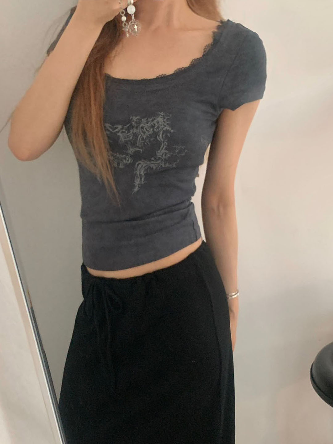 [y2k]ラウンドネックレース半袖Tシャツ | ファッション通販サイト NUGU