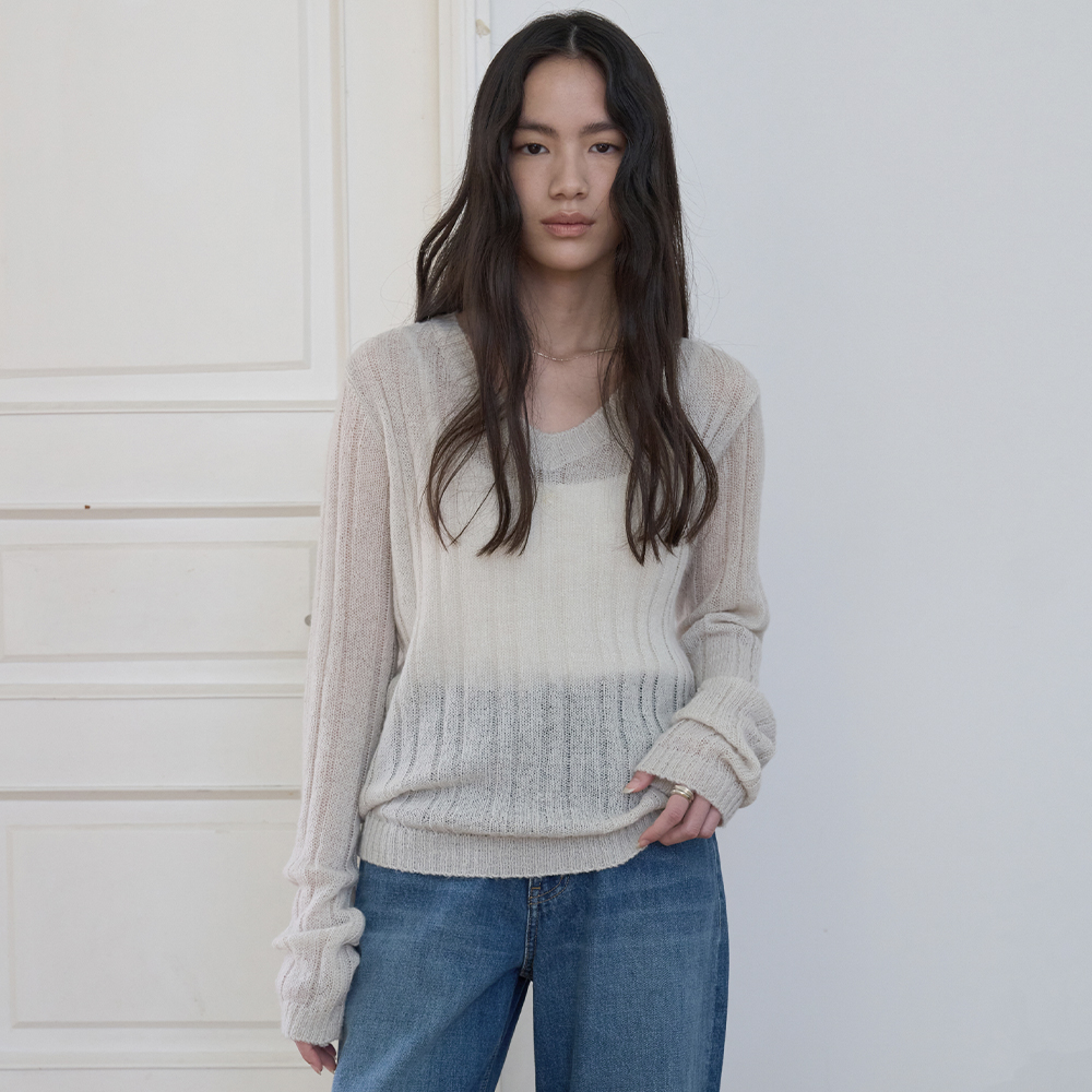 SHEER V-NECK KNIT_IVORY | ファッション通販サイト NUGU