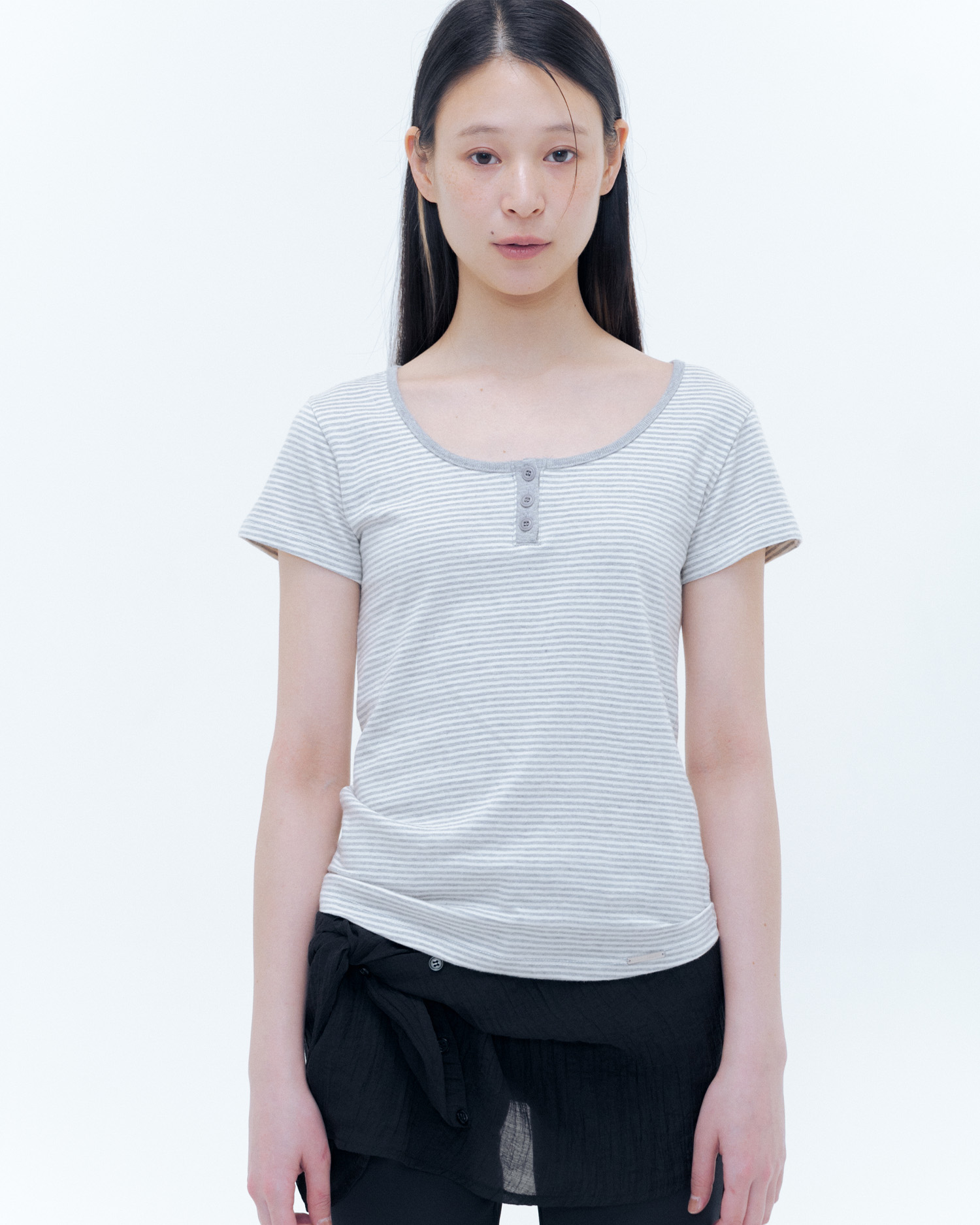 Striped henley neck short sleeves GREY | ファッション通販サイト NUGU