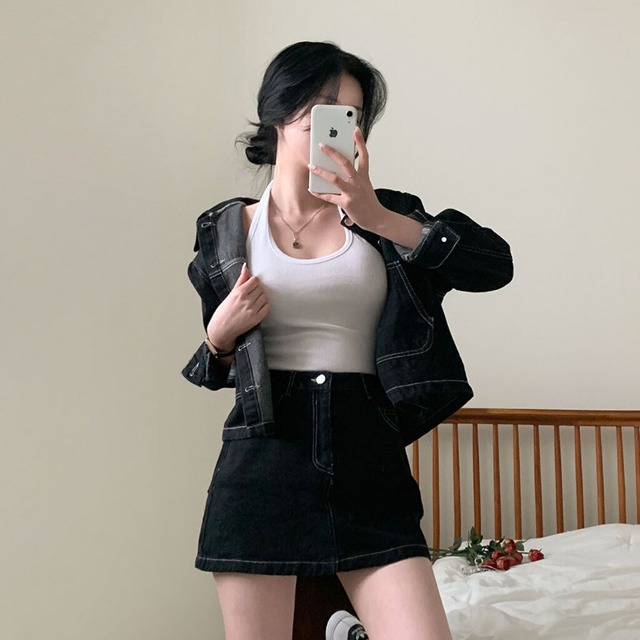 [2size] お出かけ、デニムセミクロップジャケットセットアップ | ファッション通販サイト NUGU