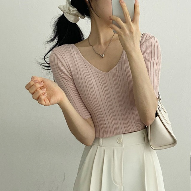 [4color]ダブルリブVネック半袖 | ファッション通販サイト NUGU