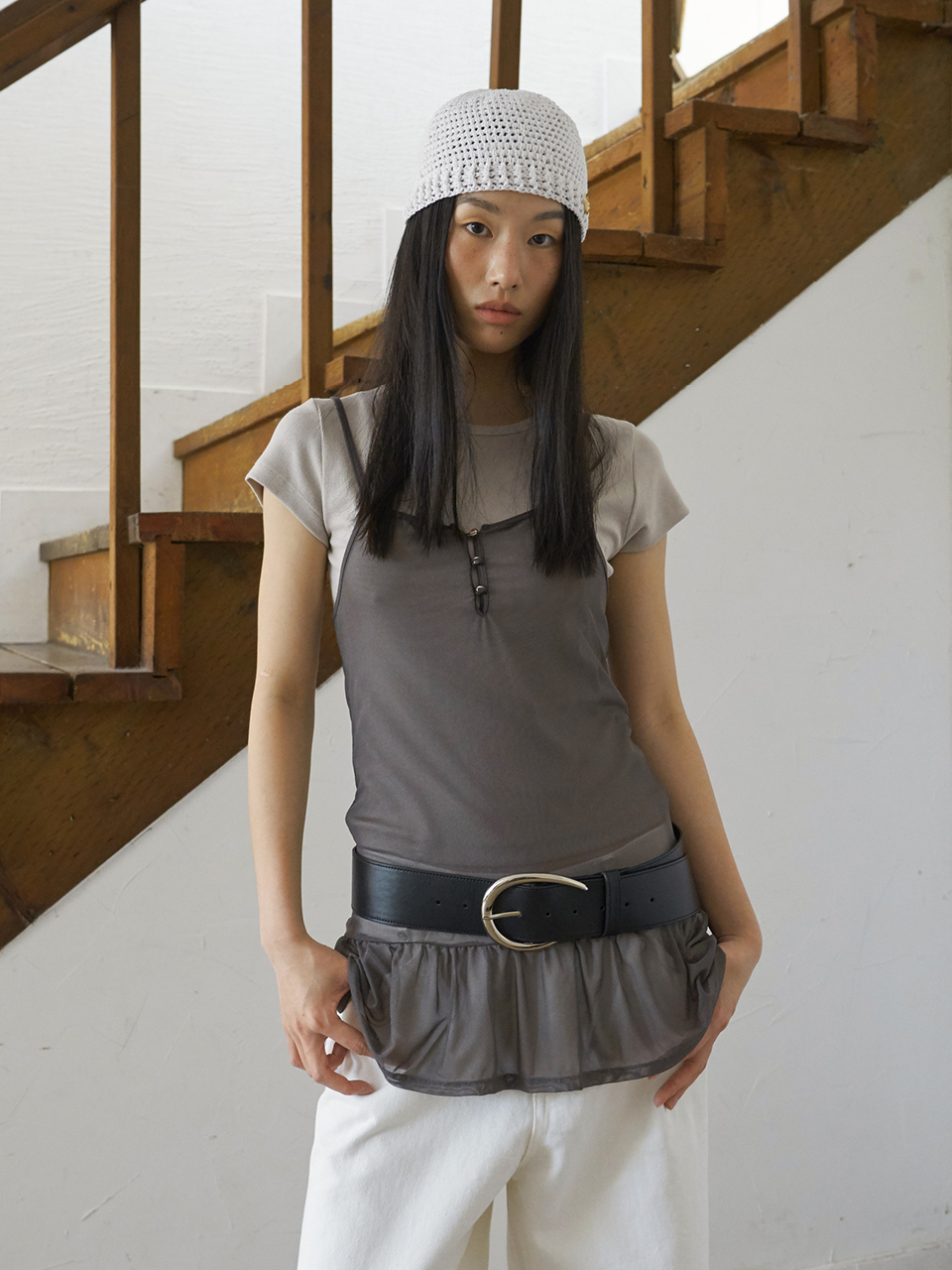 See Through Shirring Sleeveless Charcoal | ファッション通販サイト NUGU