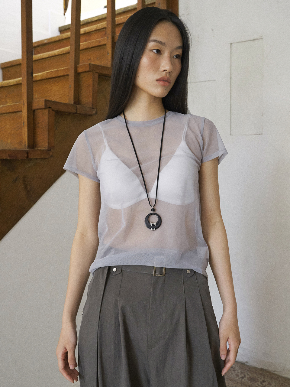 Mesh Crew Neck Top L/Gray | ファッション通販サイト NUGU