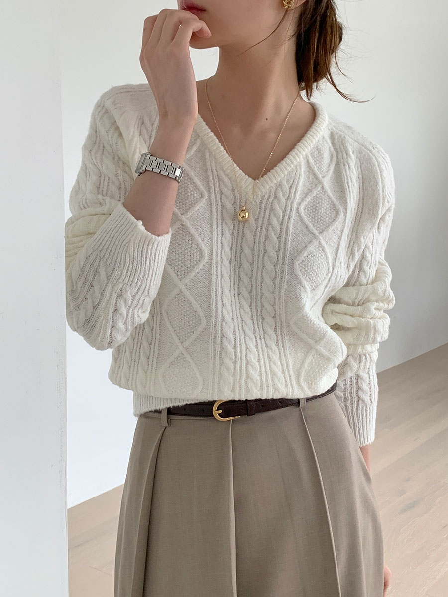 Vネックケーブルニット4color | ファッション通販サイト NUGU