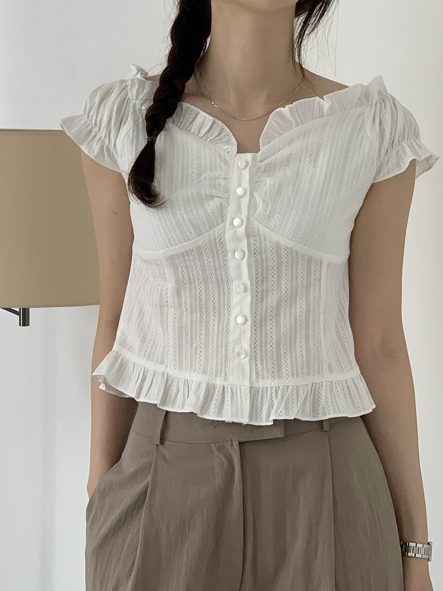 Vネックオフショルクロップドシャーリングフリルブラウス2color | ファッション通販サイト NUGU