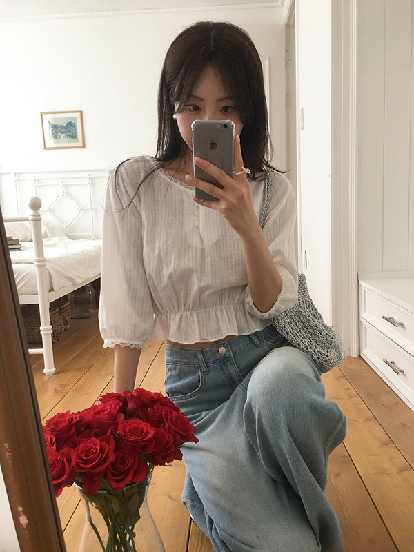 [original]レースクロップドゴムブラウス | ファッション通販サイト NUGU