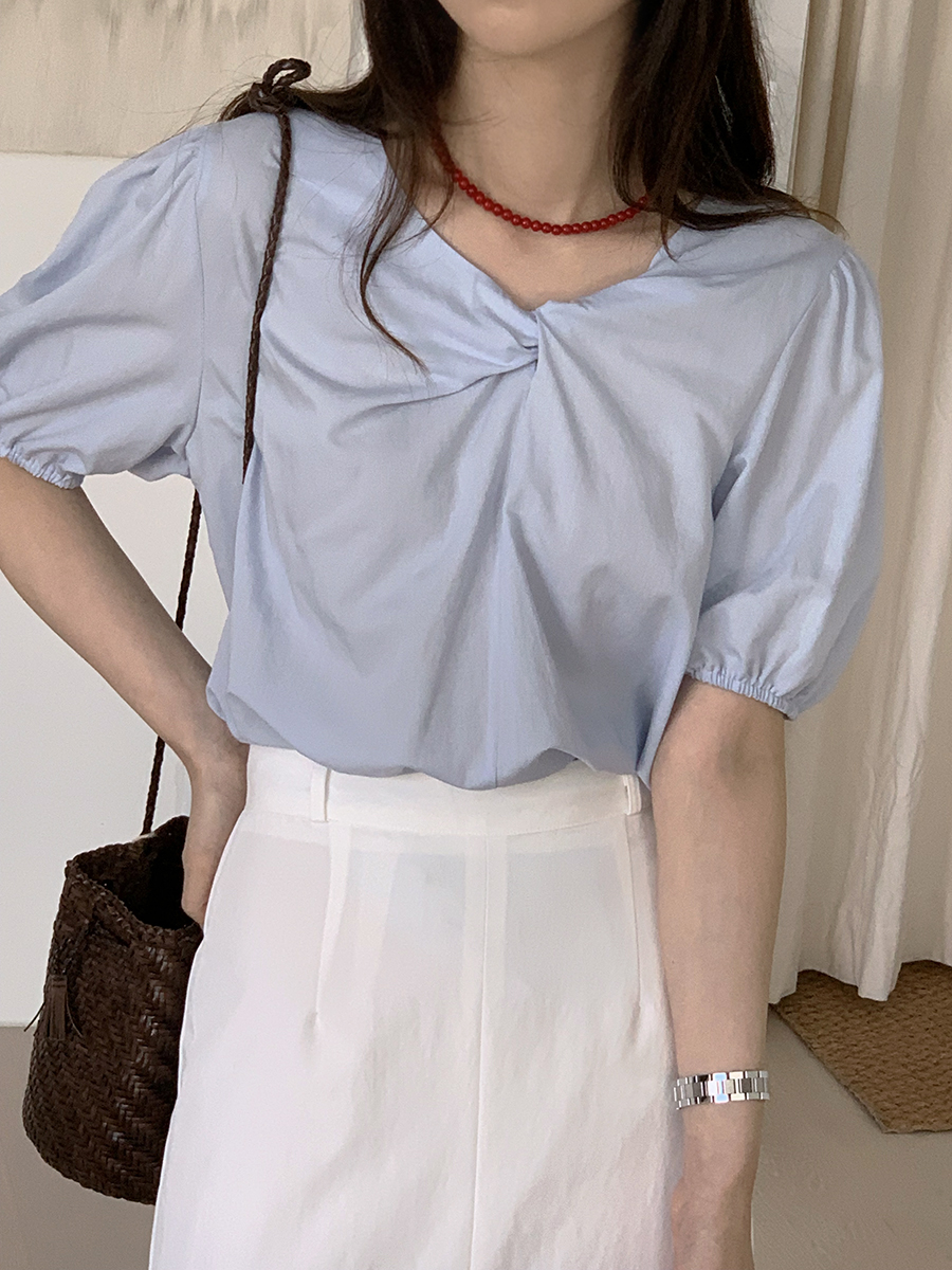ツイストリボンシャーリングパフ夏半袖ブラウス2color | ファッション通販サイト NUGU