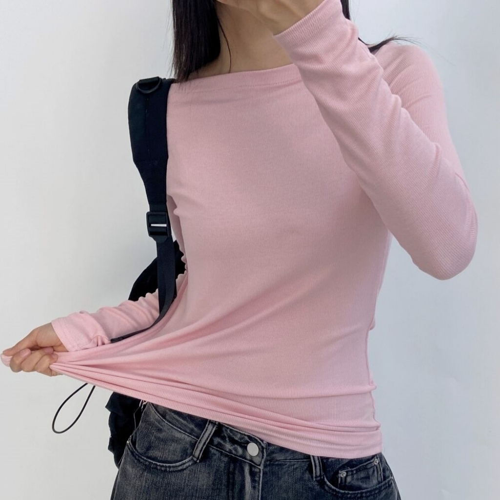 ボートネックレーヨンリブ無地長袖Tシャツ7color | ファッション通販サイト NUGU