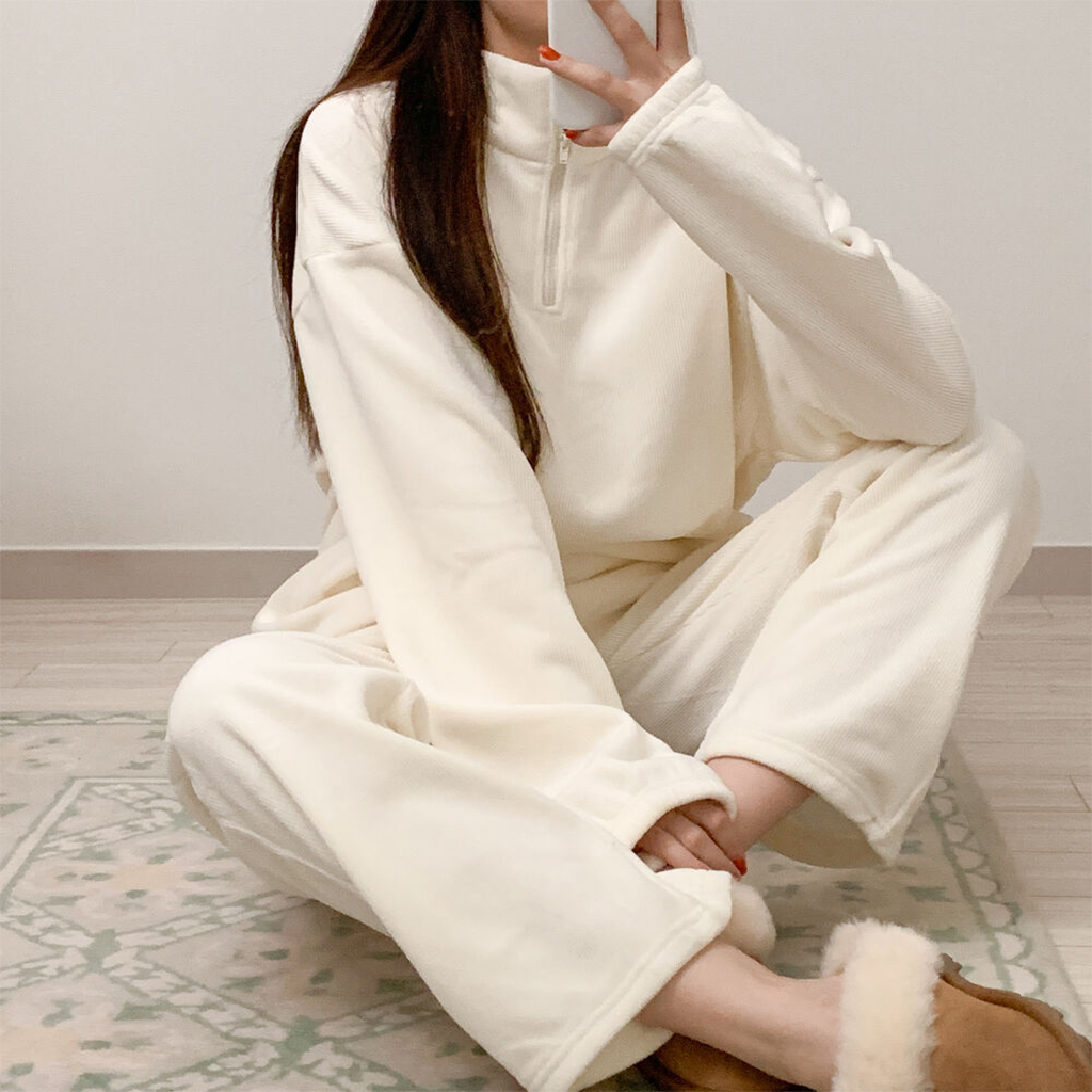 コーデュロイハーフジップスウェットワイドパンツトレーニングセット-4col | ファッション通販サイト NUGU