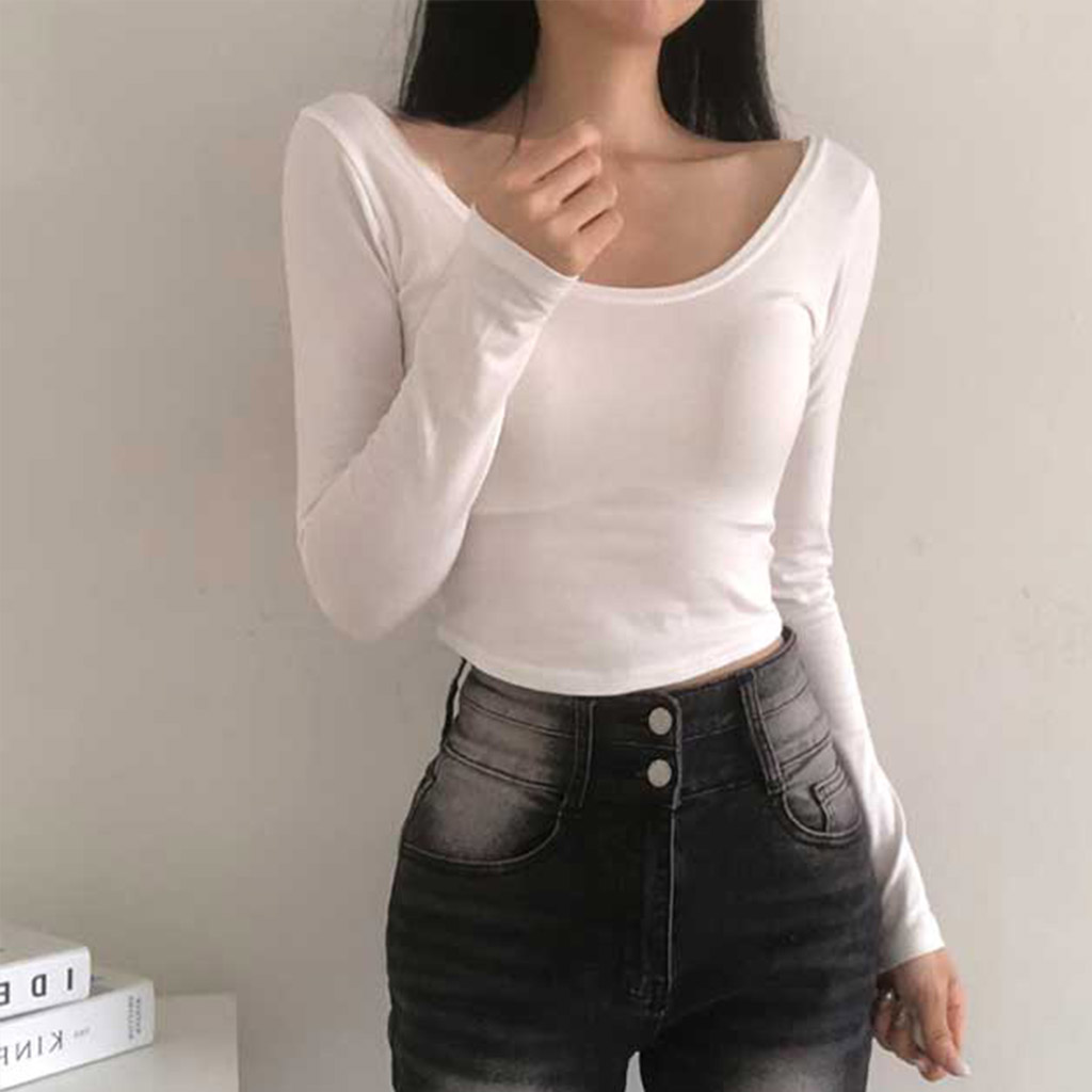 [4color]スパンUネッククロップド長袖Tシャツ | ファッション通販サイト NUGU