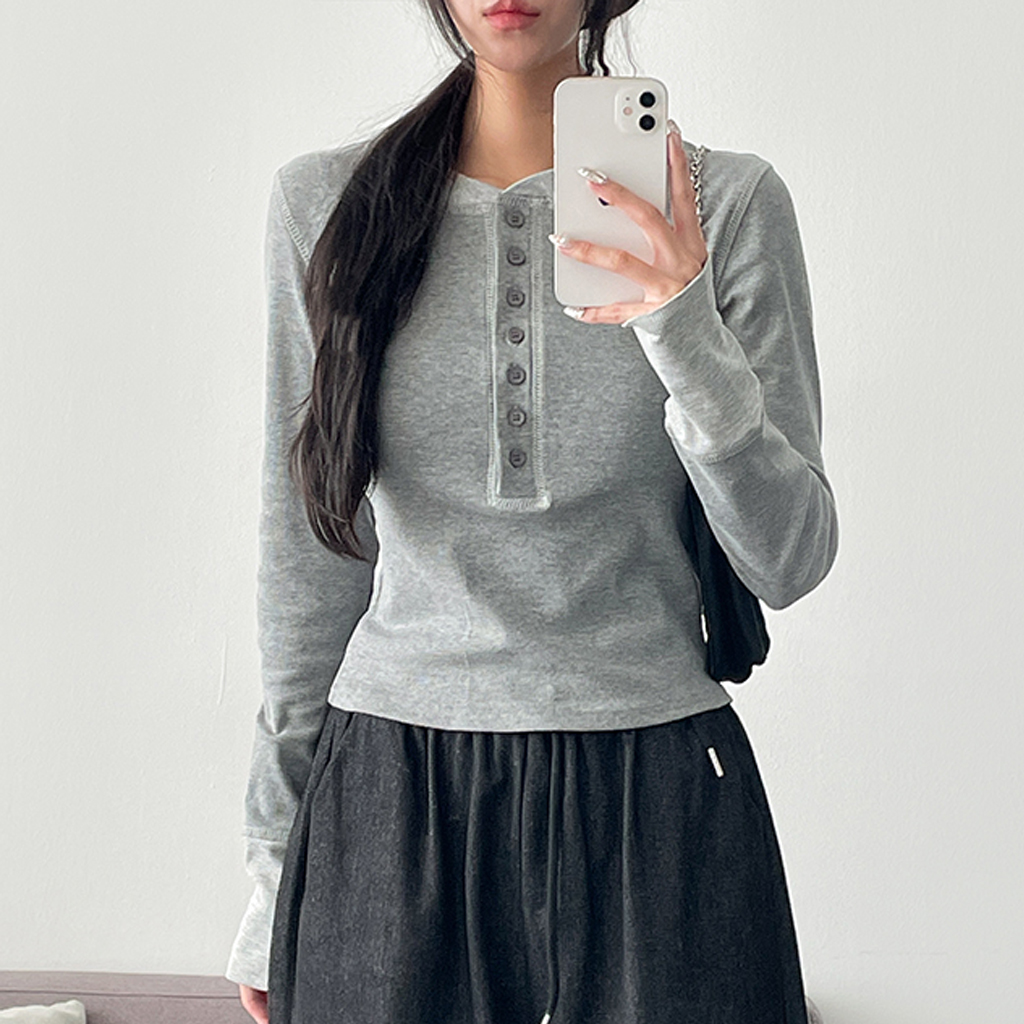 バイカラーステッチボタン長袖Tシャツ(2color) | ファッション通販サイト NUGU