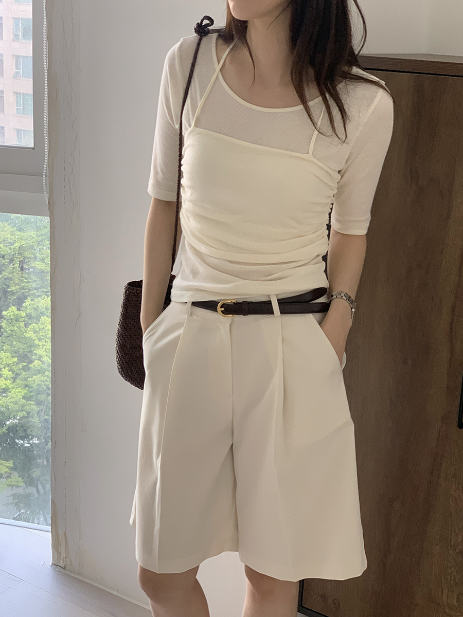 ホルターネックノースリーブシャーリング5分丈レイヤード半袖Tシャツ4color | ファッション通販サイト NUGU