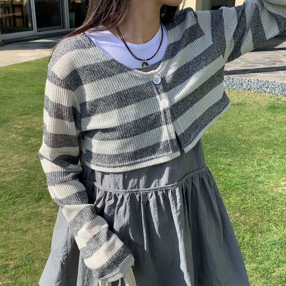 クロップドVネックボーダーボレロカーディガン2color | ファッション通販サイト NUGU